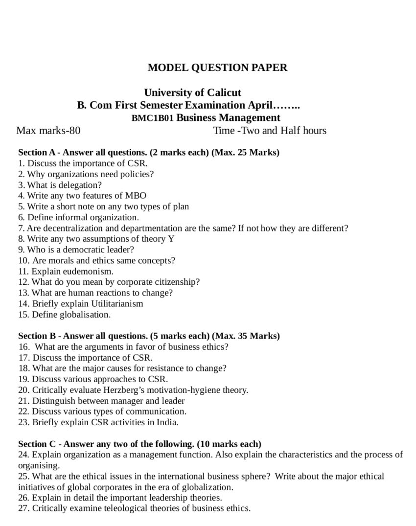 B.Com 1st Sem Previous Year Question Paper of Calicut University